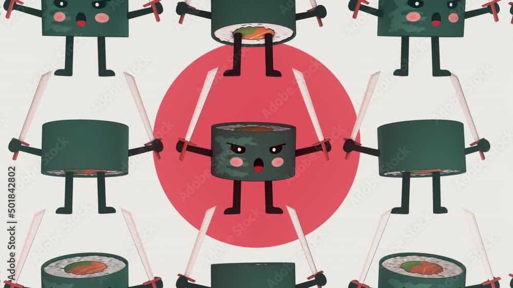 Funny sushi ninjas are floating in the Japanese style background. Angry ...