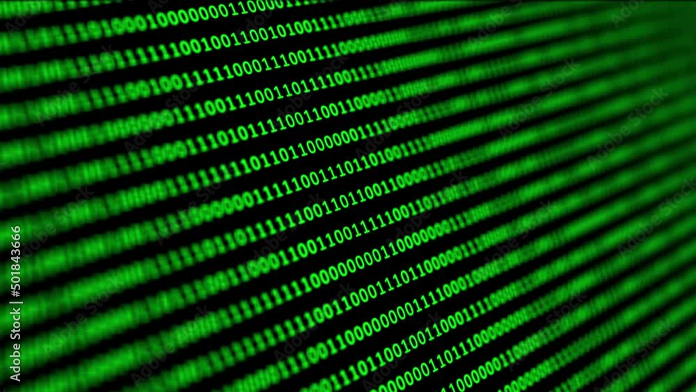Abstract binary code background with green digits moving up the screen. Data, code, decryption ...
