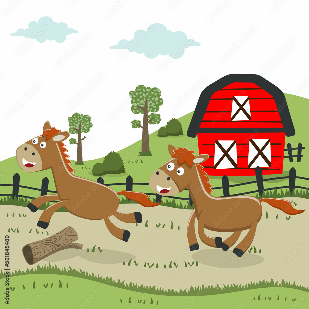 Happy two horse cartoon in the farm with barn and green field. Nature ...
