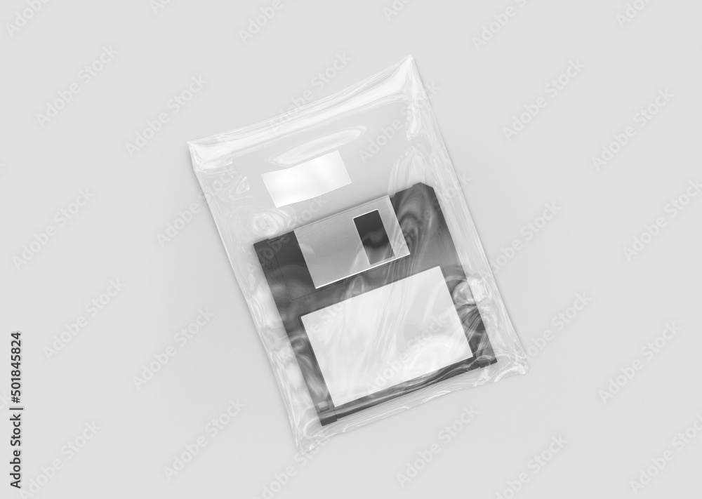 Black floppy disk with plain white name label inside clear poly plastic ...