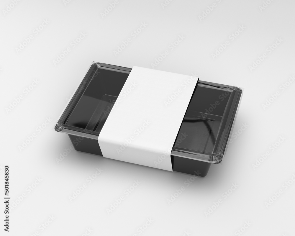 Black plastic food tray with white plain wrapped paper label packaging ...