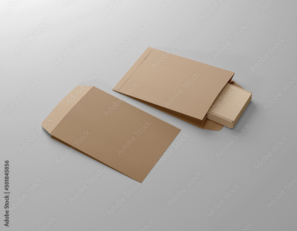Black front and back kraft paper mailer envelope with cardboard box on ...