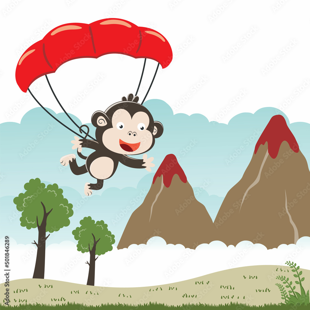 Vector illustration of a cute monkey flying with a parachute. with ...