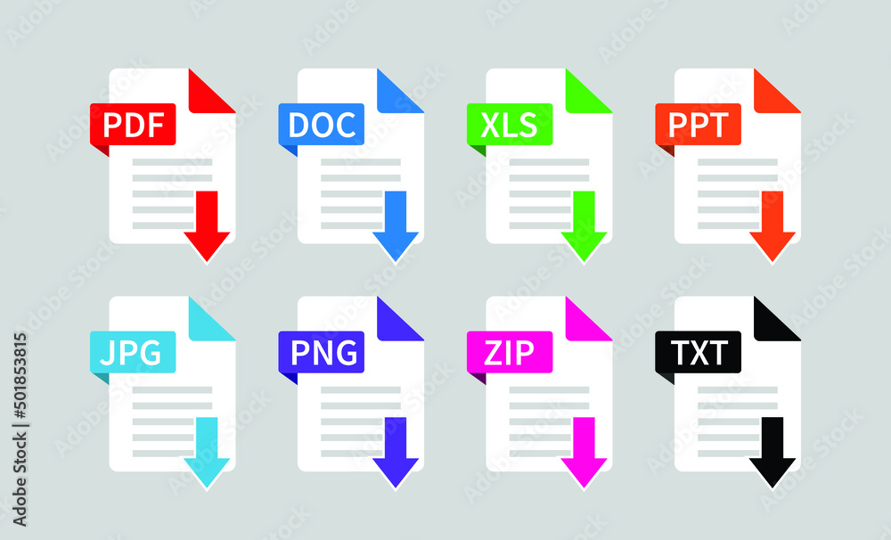 File extension download icons. PDF, PNG, DOC, XLS, ZIP, PPT file Icons ...
