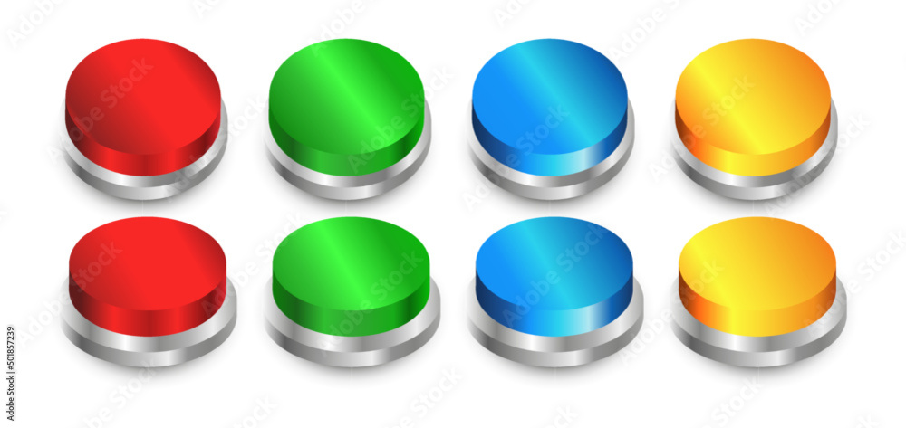 3D shinny glossy circular push button icon collection set with metal ...