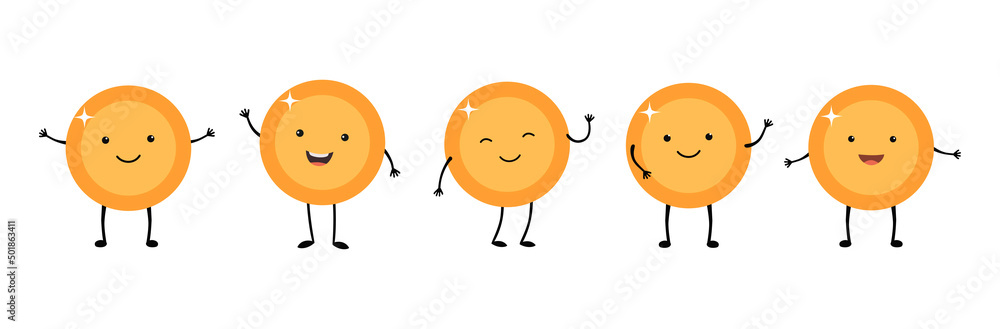 Set cartoon coins. Funny smiling cute gold coin with face, hands and ...