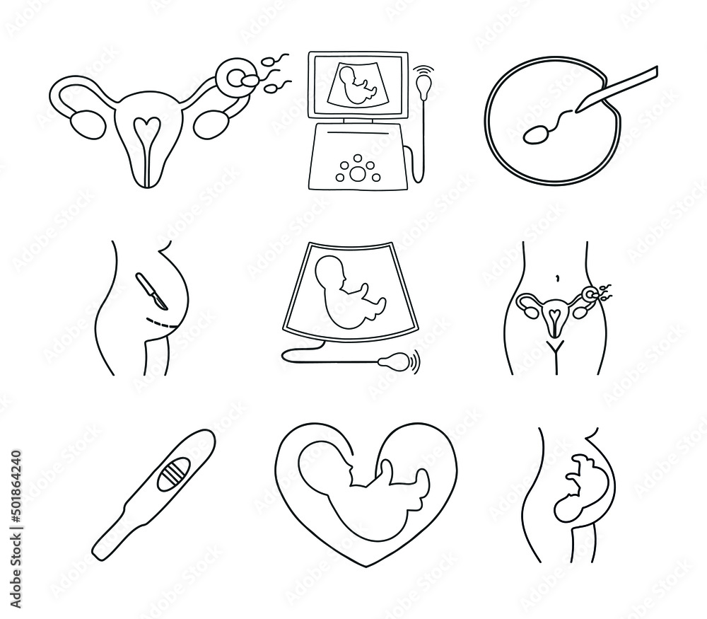 Obstetrics icons set. Ultrasound, artificial fertilization, pregnancy ...