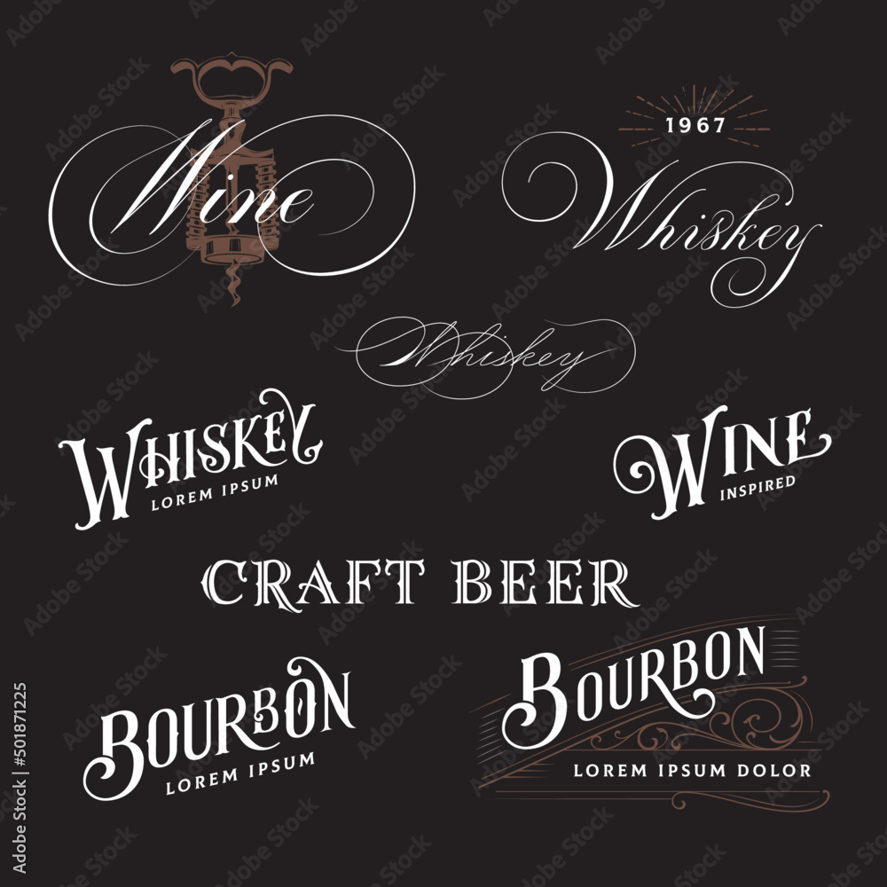 Alcohol Lettering. Hand lettered logos for Wine Whiskey Bourbon and ...