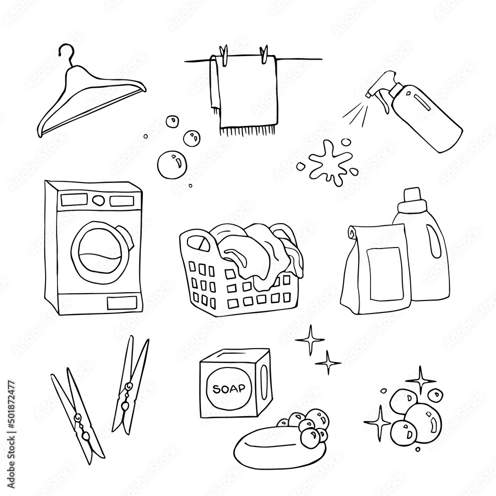 Set of hand drawn laundry objects: washing machine, detergent, soap ...