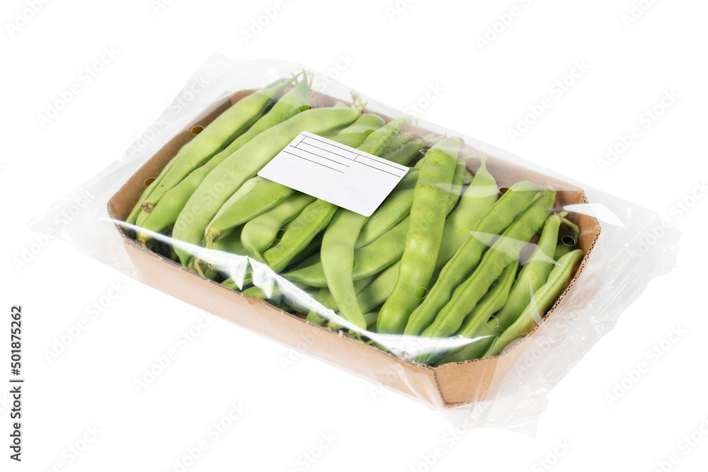 Packed and labeled green beans on isolated white background Stock Photo ...