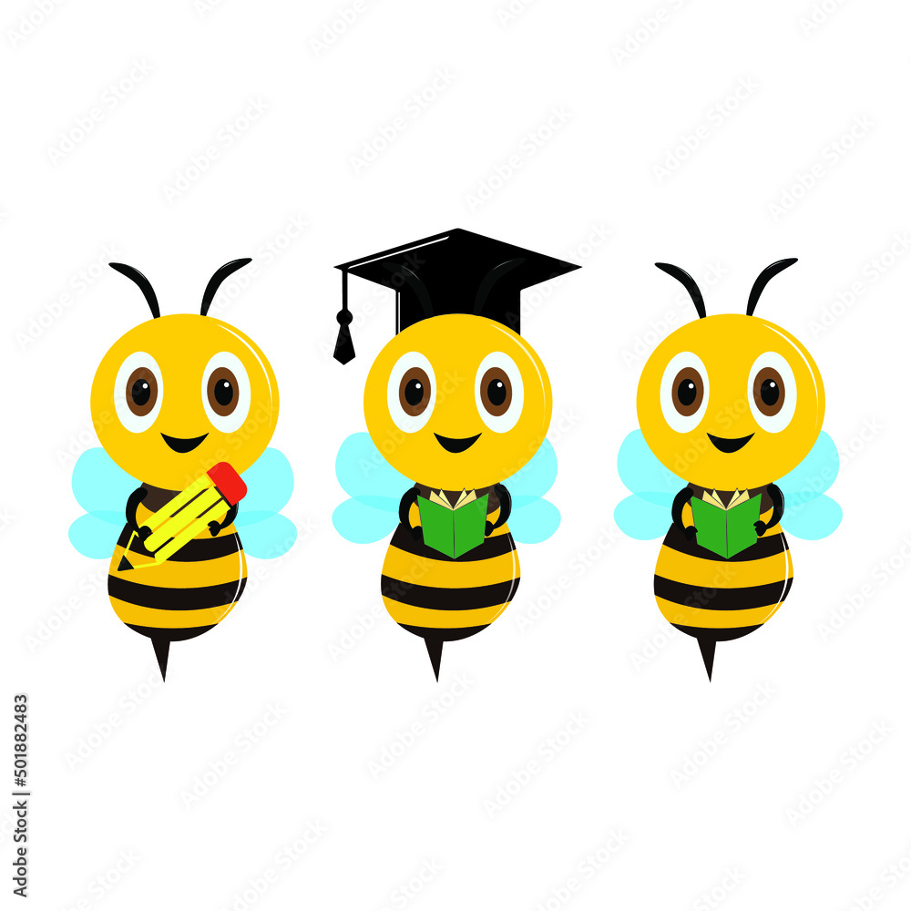 Cartoon cute bee education mascot set vector illustration Stock Vector ...
