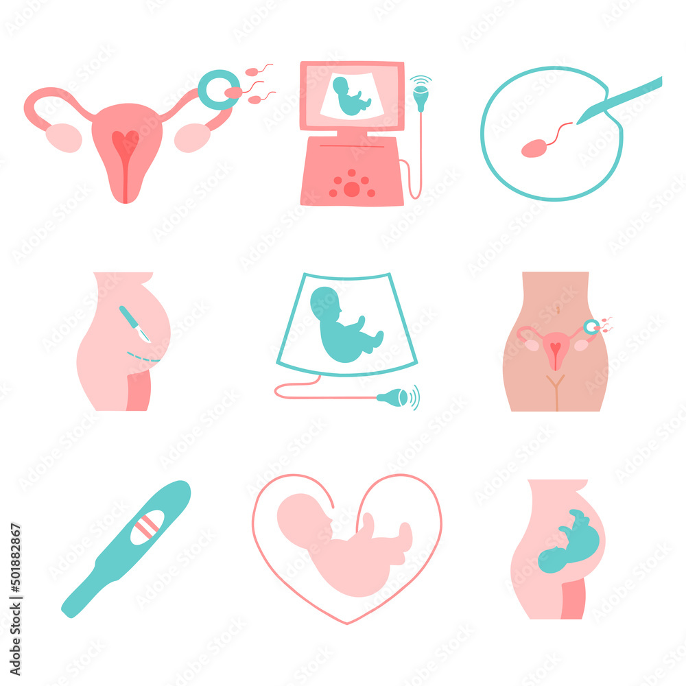 Obstetrics icons set. Ultrasound, artificial fertilization, pregnancy ...