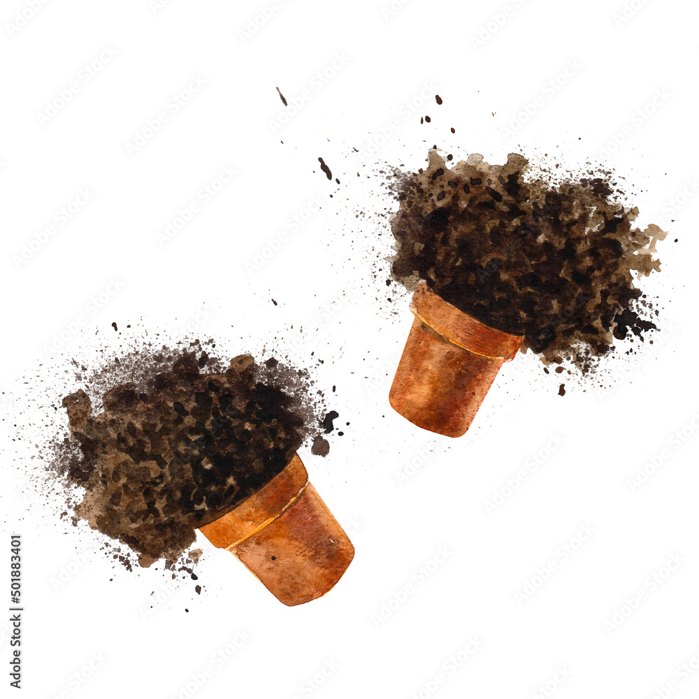 Broken falling plant pot in top view isolated on white background ...