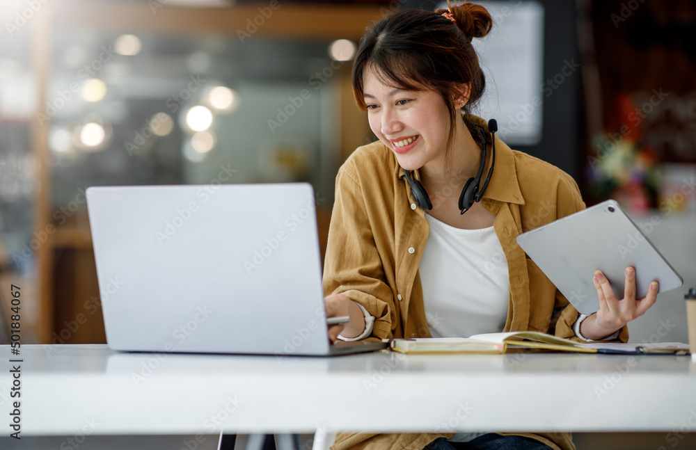 Student learning on laptop indoors- educational course or training ...