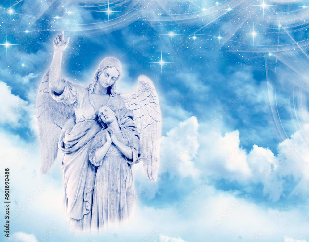 beautiful angel archangel with a praying woman over mystic sky and ...