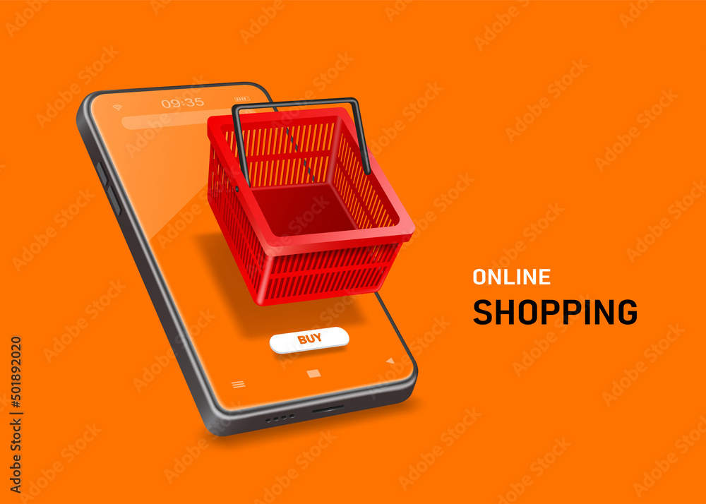 Red basket floating on smartphone screen and buy button place on screen ...