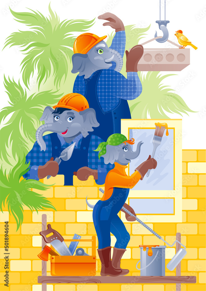 Builder construction vector. Cartoon workers building wall of the house ...