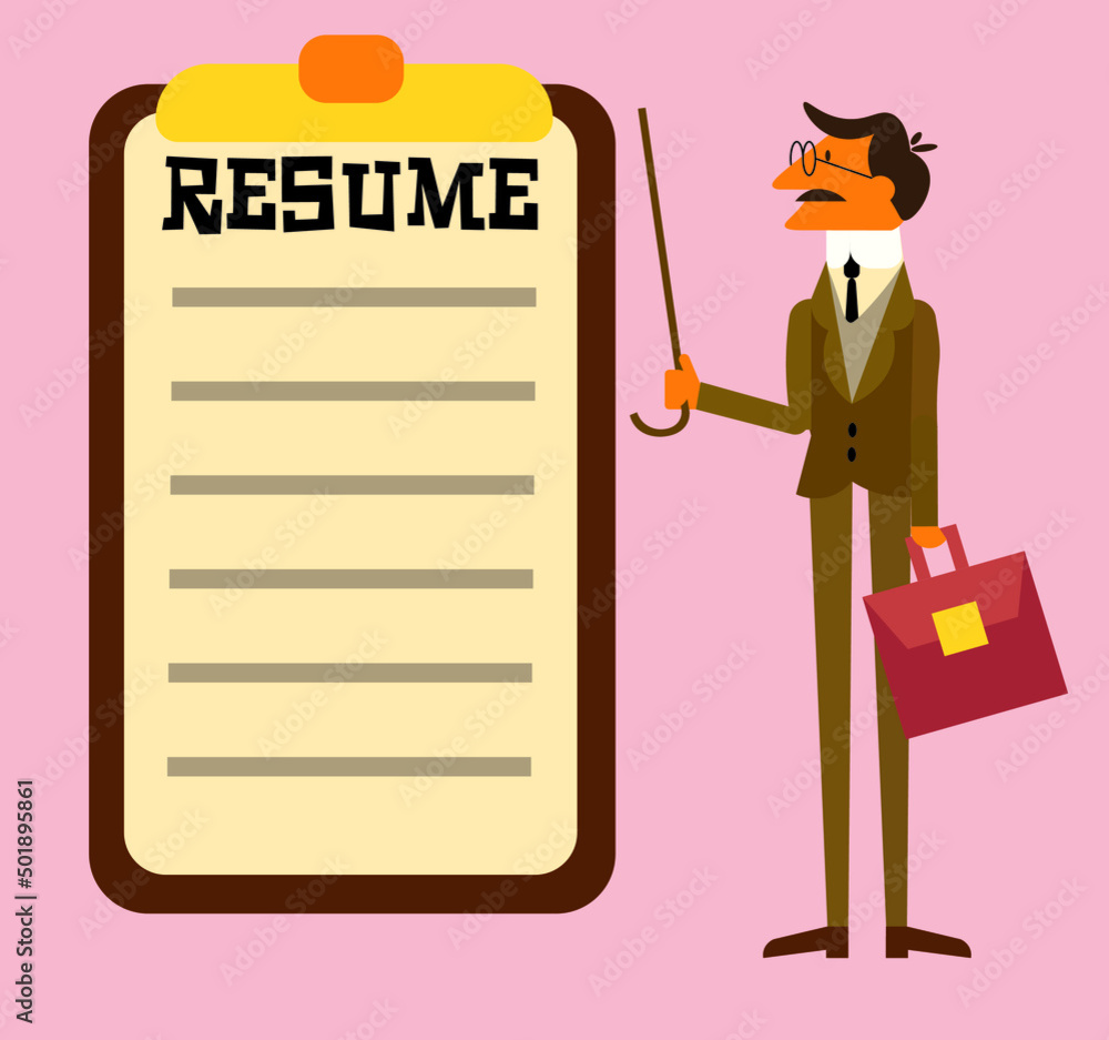 1960's cartoon flat character of a man standing near big paper board ...