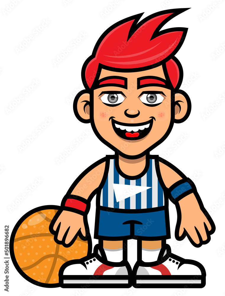 Cartoon illustration of A boy wearing basketball jersey and playing a ...