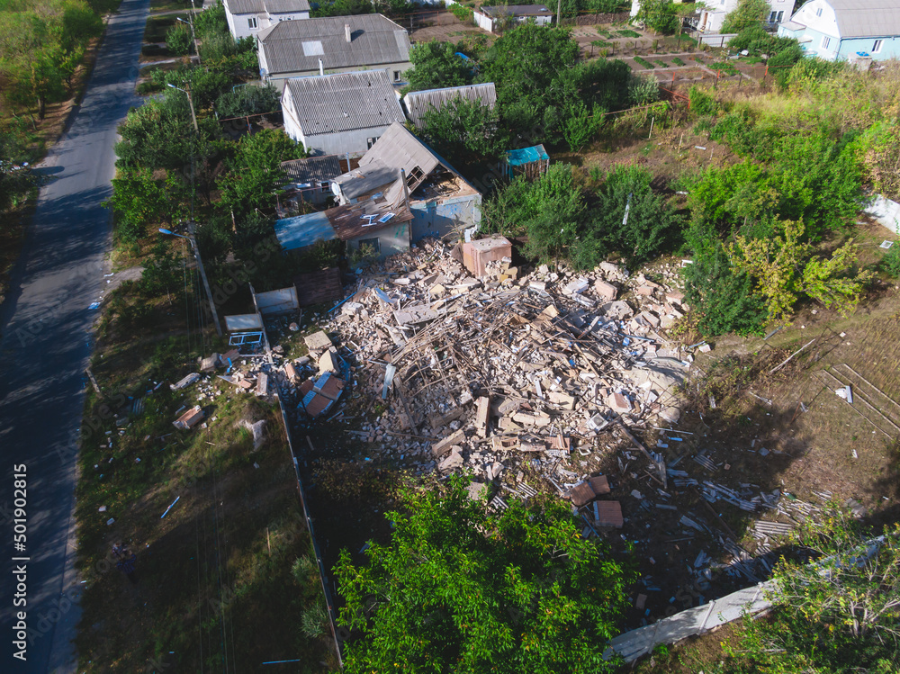 Destroyed residential private house due to explosion. The collapse of a ...
