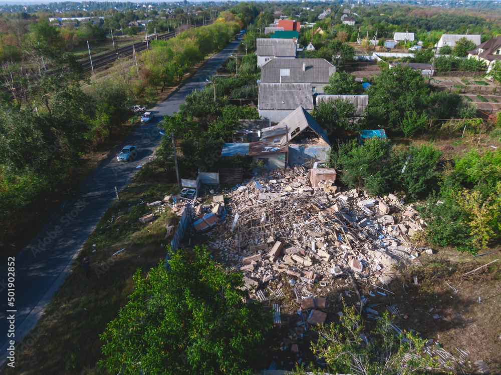 Destroyed residential private house due to explosion. The collapse of a ...