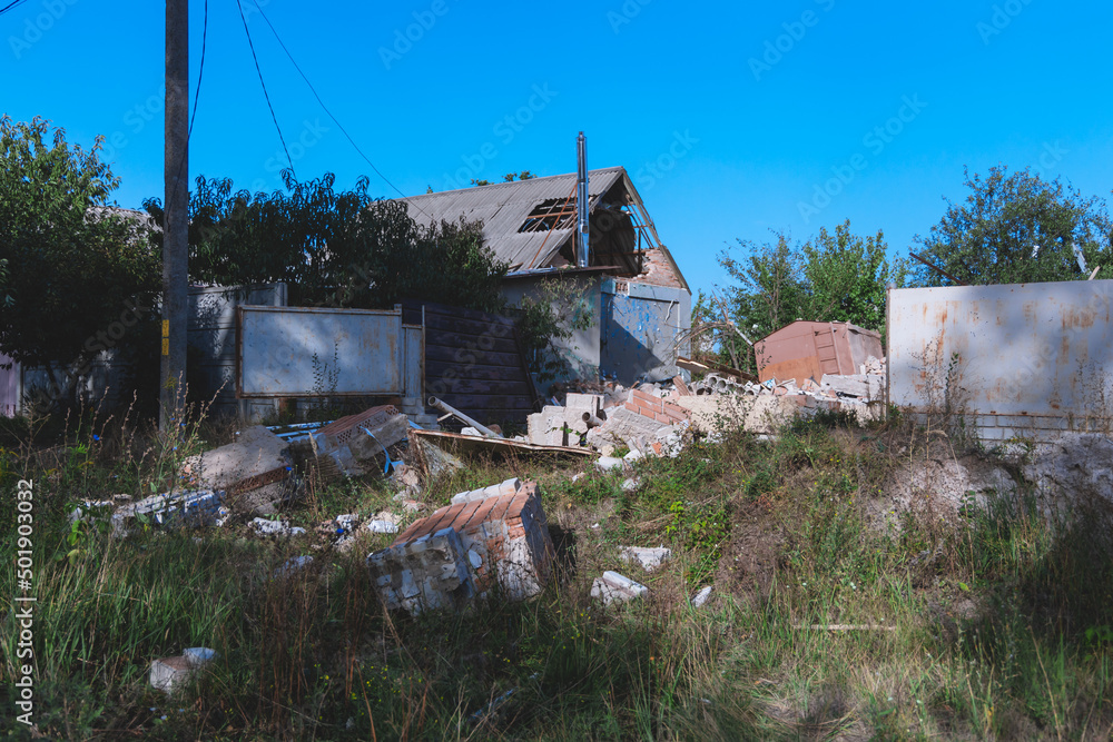 Destroyed residential private house due to explosion. The collapse of a ...