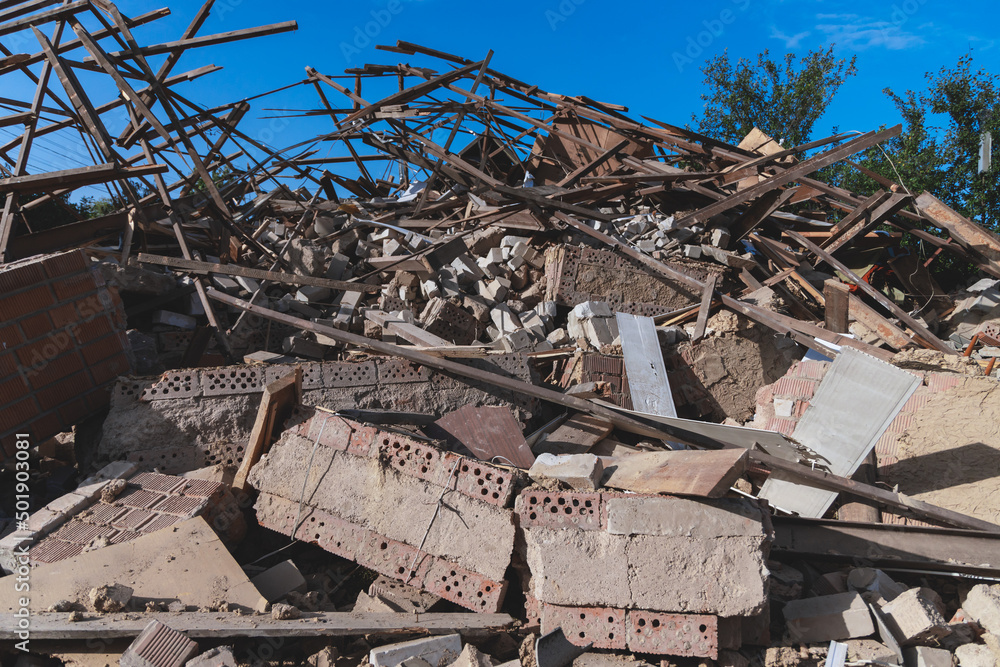 Destroyed residential private house due to explosion. The collapse of a ...
