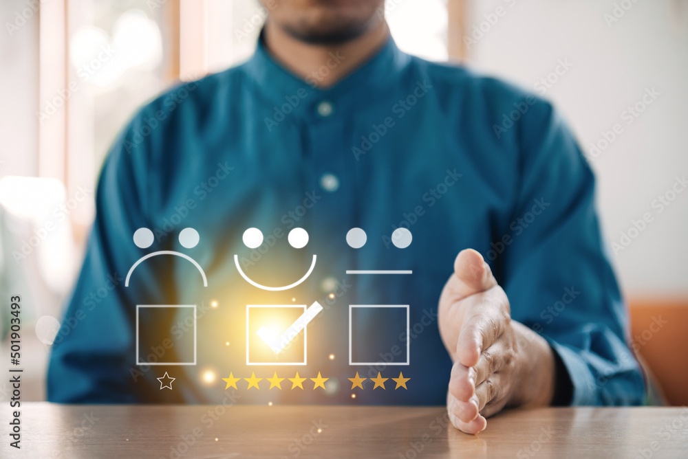 Customer service evaluation concept. Businessman using a smartphone And ...