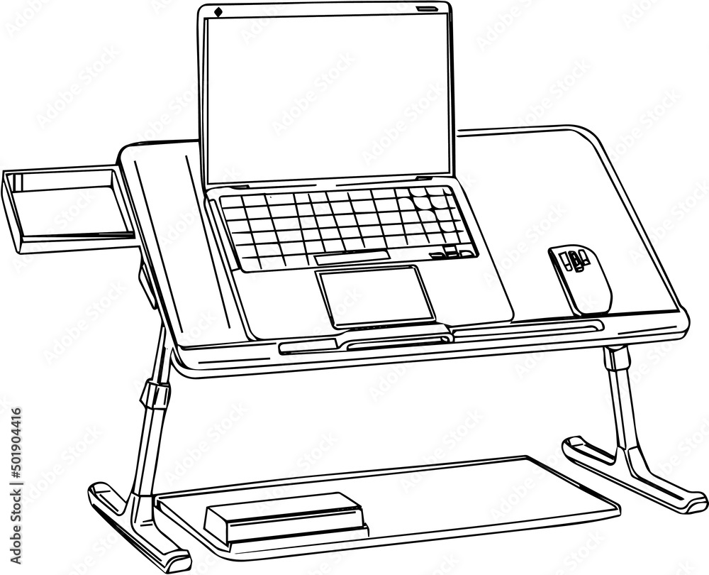 Outline sketch drawing of stylish laptop table, line art vector ...