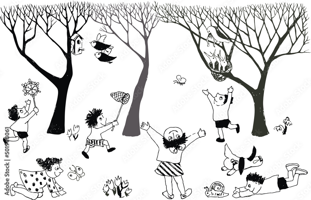 Children in spring park coloring page for kids. Doodle style, vector ...