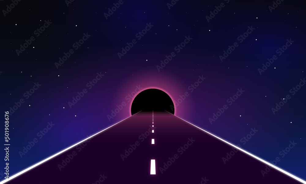 80s Retro futuristic road. Vaporwave Dark space with a retro highway ...