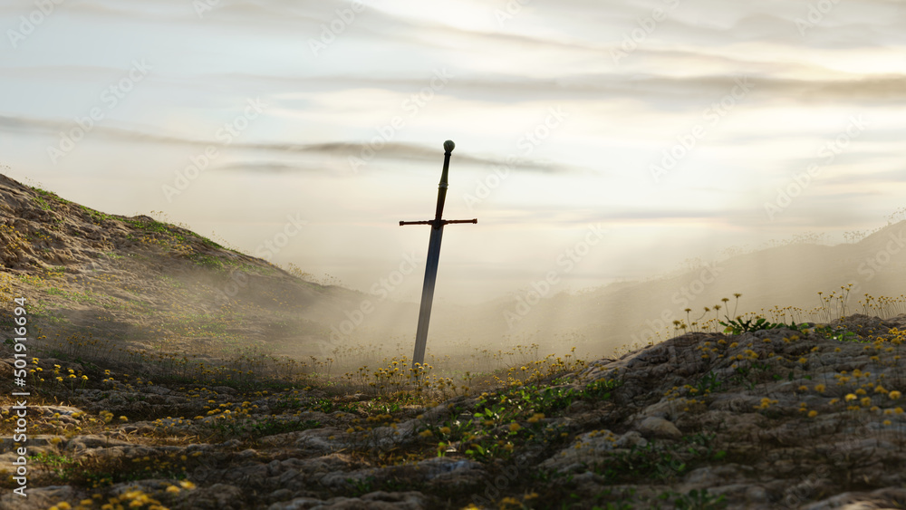 Sword in stone with heavenly rays of sunlight piercing clouds on silent ...
