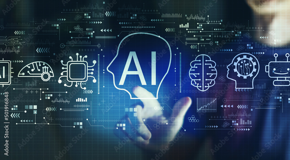 AI concept with young man touching a digital screen at night Stock ...