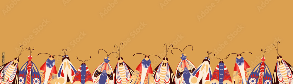 Rectangular border with colorful cute moths on a beige background ...