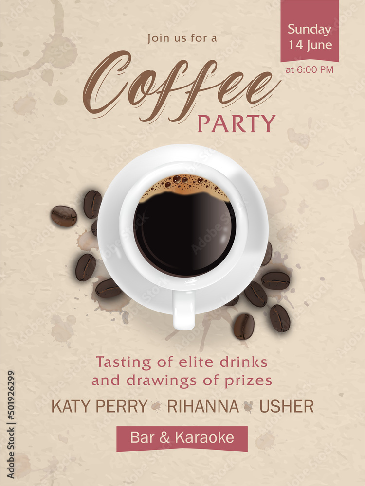 Coffee party invitation with paper background and coffee cup around ...