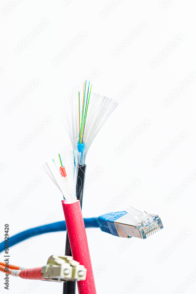 Cut fiber optic cable with fiber optic connectors and a RJ45 patch cord ...