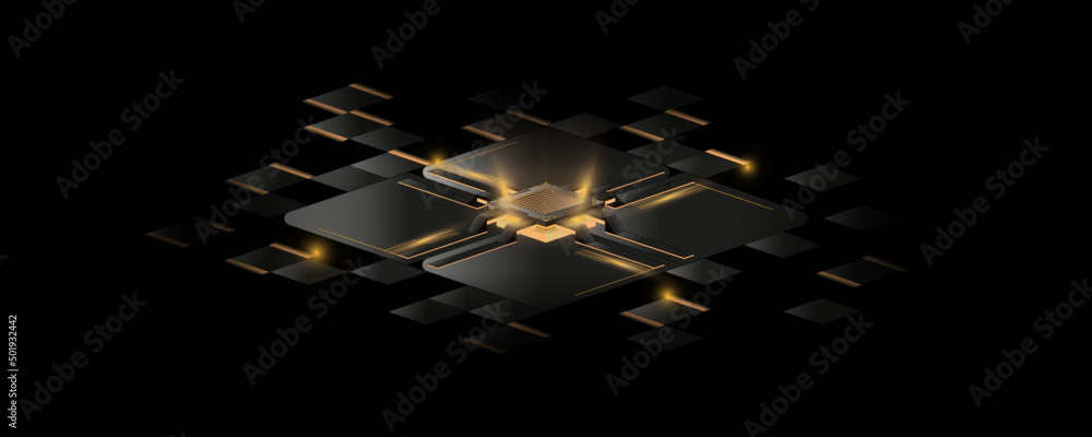 Quantum computer. A futuristic microchip processor with components ...