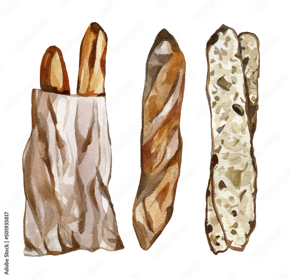 Watercolor Hand Drawn French Bread Loafs Baguette Set Illustration ...