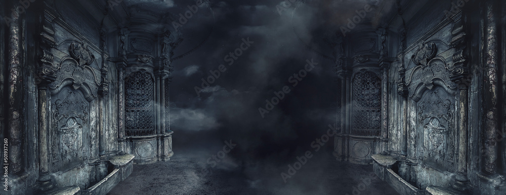 Dark fantasy architectural landscape. Night landscape with fog, night ...