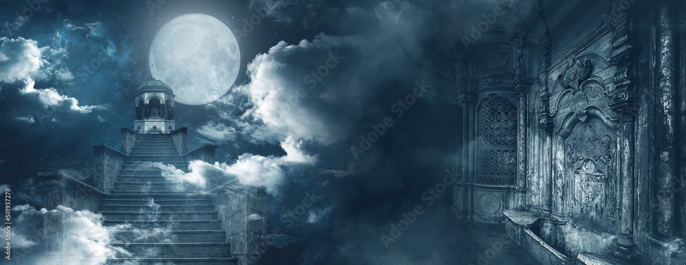 Dark fantasy architectural landscape. Night landscape with fog, night ...