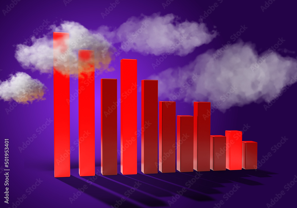 Falling chart. Red volumetric chart. Visualization of columns of ...