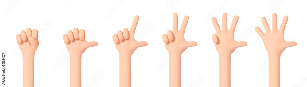 Hands set. Realistic 3d design in cartoon style. Hand shows signs of ...