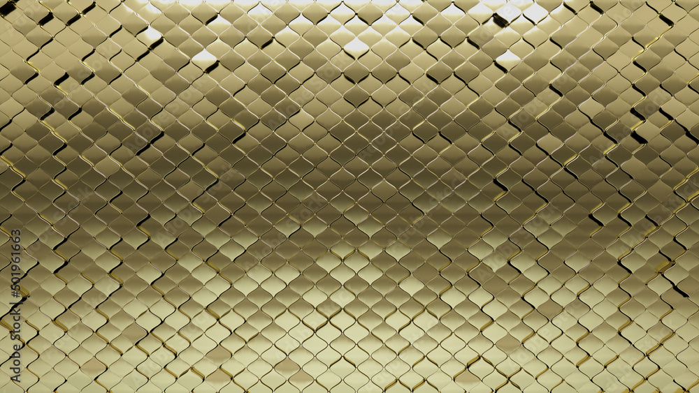 3D, Polished Mosaic Tiles arranged in the shape of a wall. Gold, Glossy ...