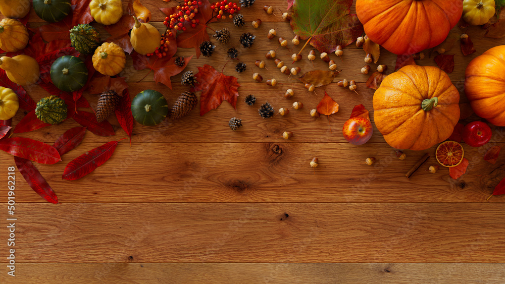 Harvest Background including Gourds, Acorns, Autumn leaves and Berries ...