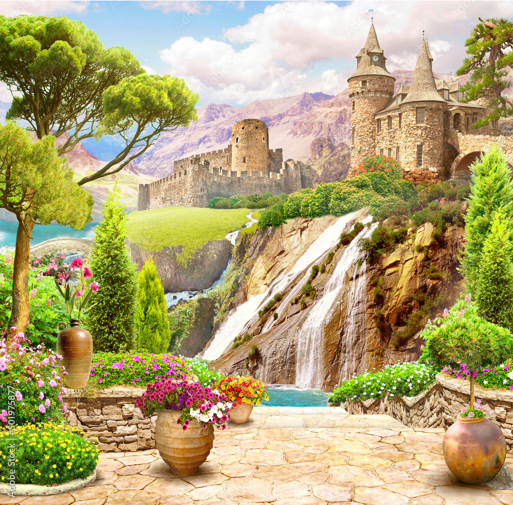 An old stone castle. Cascade of waterfalls. 3d illustration. 3d photo ...