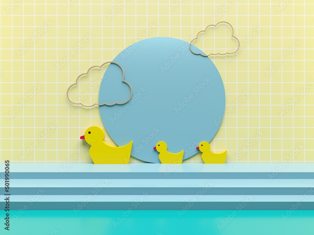3D Ducks swimming in bath with clouds and blue round banner for kid product advertising. Copy ...