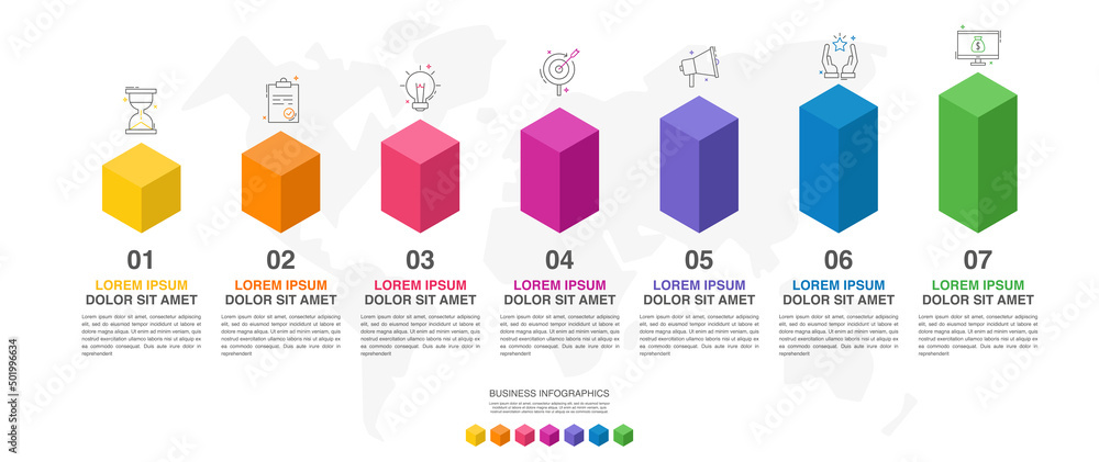 Vector isometric infographics with 7 columns. Business concept graphic ...