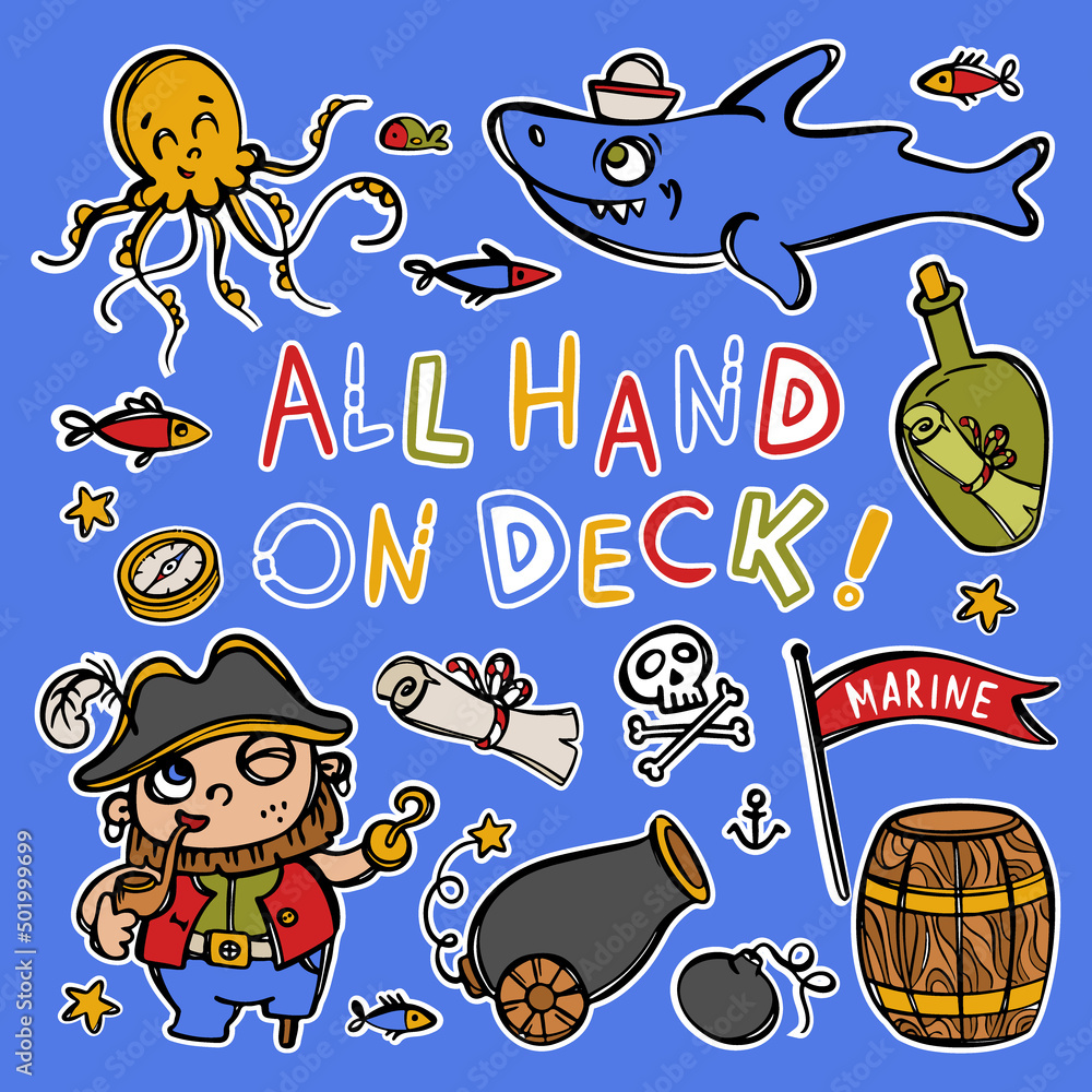 CAPTAIN HOOK AND SHARK Skull And Barrel Hand Drawn Text Cartoon Pirate ...