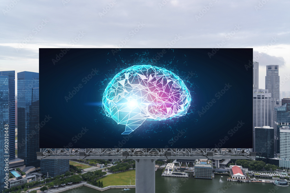 Brain hologram on billboard with Singapore cityscape background at day ...
