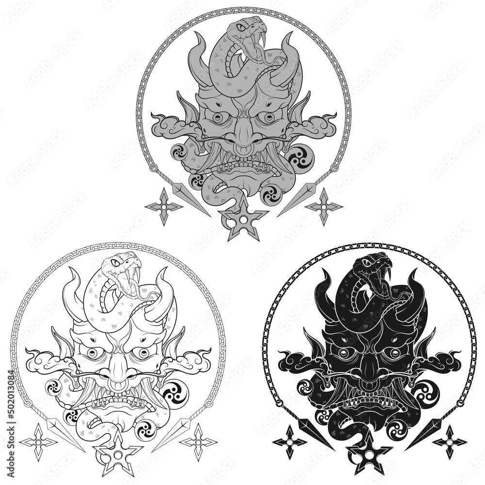 Japanese traditional demon vector design with snake, Oni Japanese Demon ...